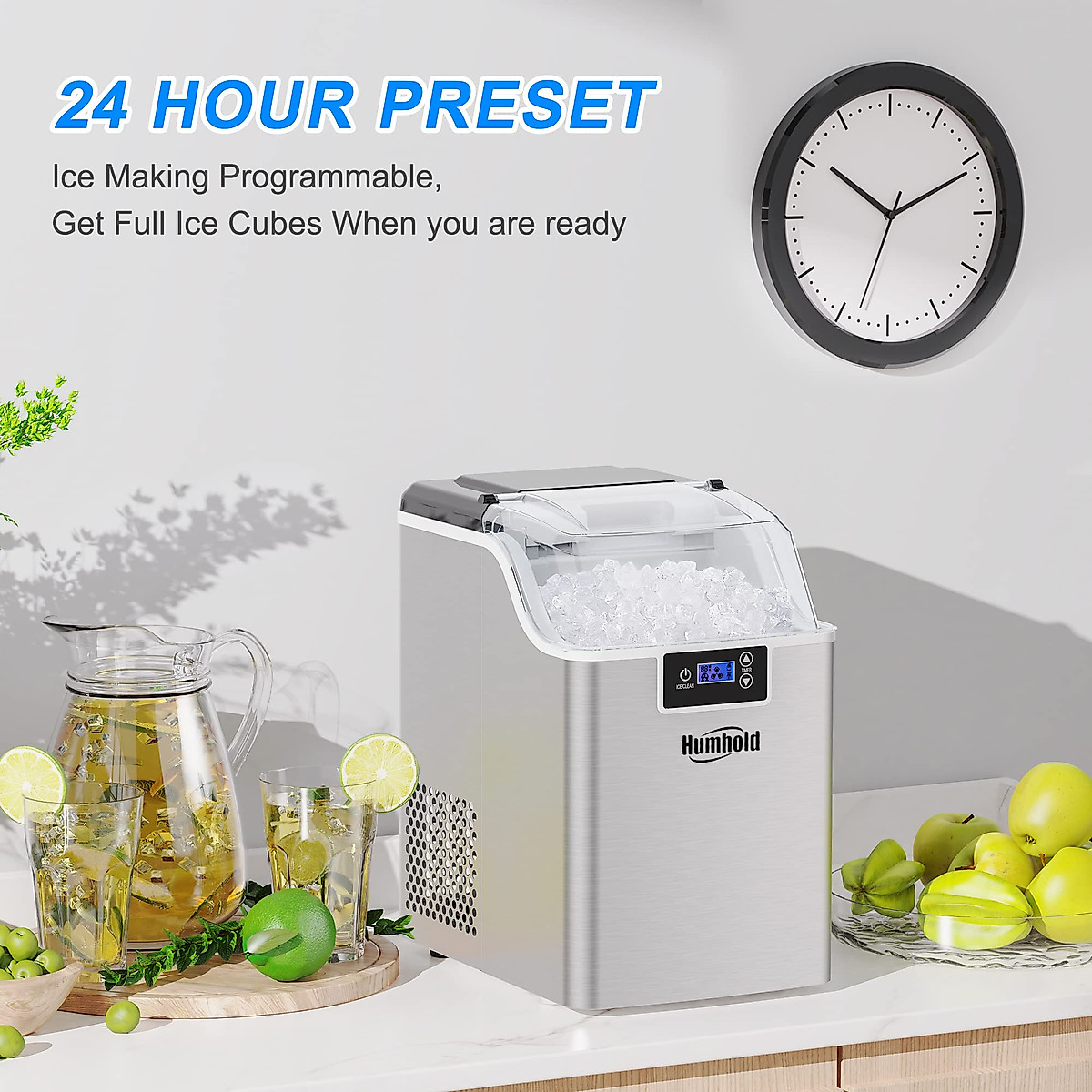 HUMHOLD Nugget Ice Maker Countertop, 44Lbs Pebble Ice Per Day, 24Hrs Preset Program with Automatic Self Cleaning Function, Mini Pellet Ice Cubes Maker Machine for Home/Kitchen/Office/RV