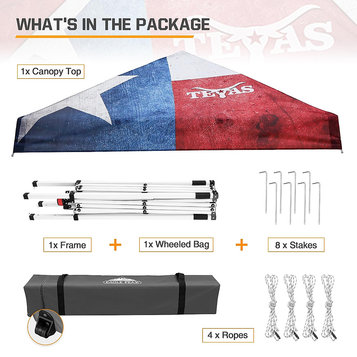 EAGLE PEAK 10x10 Slant Leg Pop-up Texas Flag Canopy Tent Easy One Person Setup Instant Outdoor Beach Canopy Folding Portable Sports Shelter 10x10 Base 8x8 Top (Texas Pride)