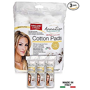 AnnaLisa 100% Pure Combed Cotton Rounds 3 Packs of 80 Hypoallergenic & Absorbing Cotton Pads for Face/Makeup/Nail Polish Removal |240-Piece Italian Round Facial Cleansing|