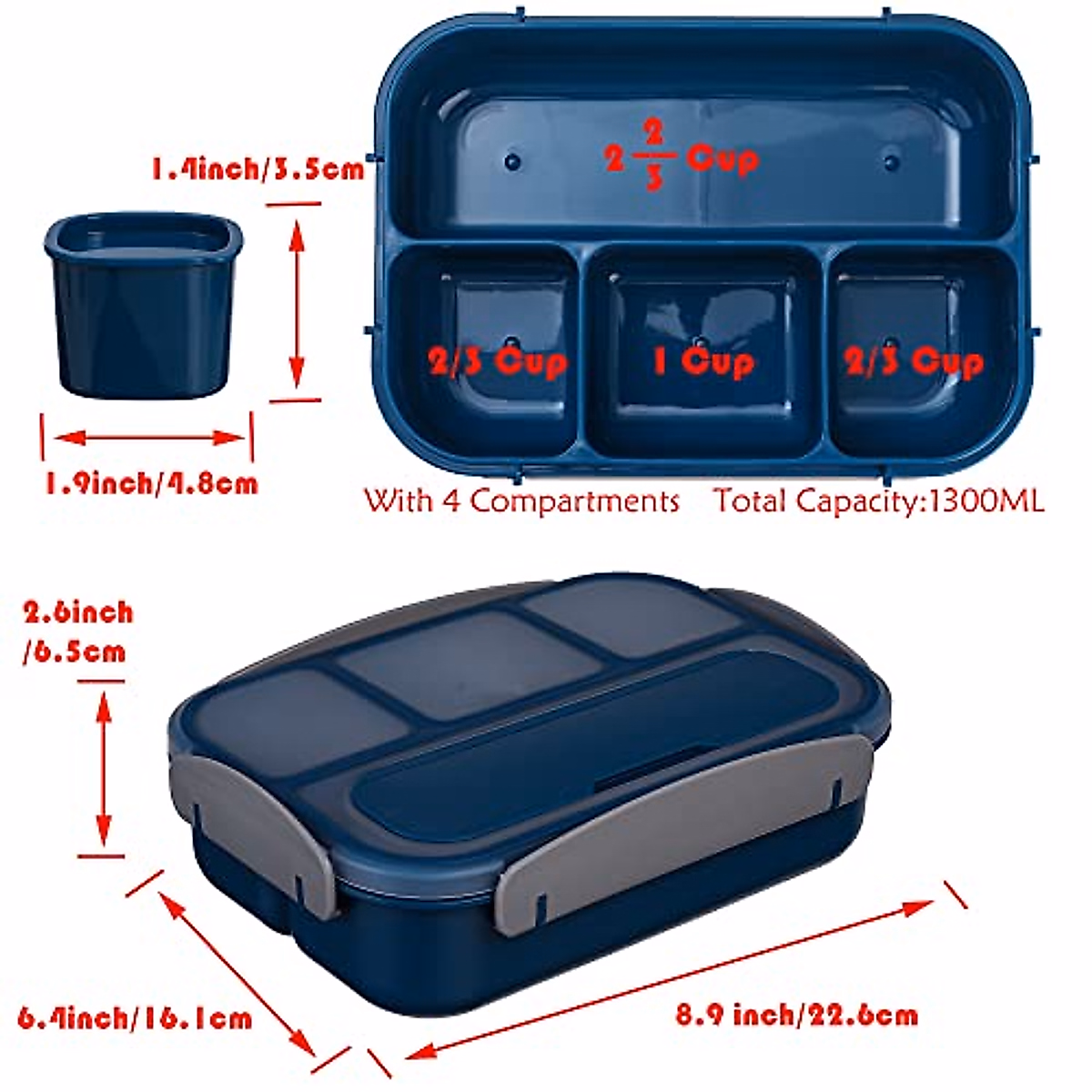 ZPIMY Bento Box Adult Lunch Box, Lunch Box Kids, 1300ML Kids Lunch Box Adult with 4 Compartment, Lunch Box Containers for Adults/Kids/Toddler, Microwave/Dishwasher/Freezer Safe (Blue)