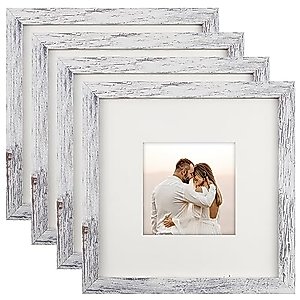 AVEAX 8x8 Picture Frames Display Pictures 4x4 with Mat or 8x8 Without Mat, Set of 4 Square Photo Frame for Wall or Tabletop White