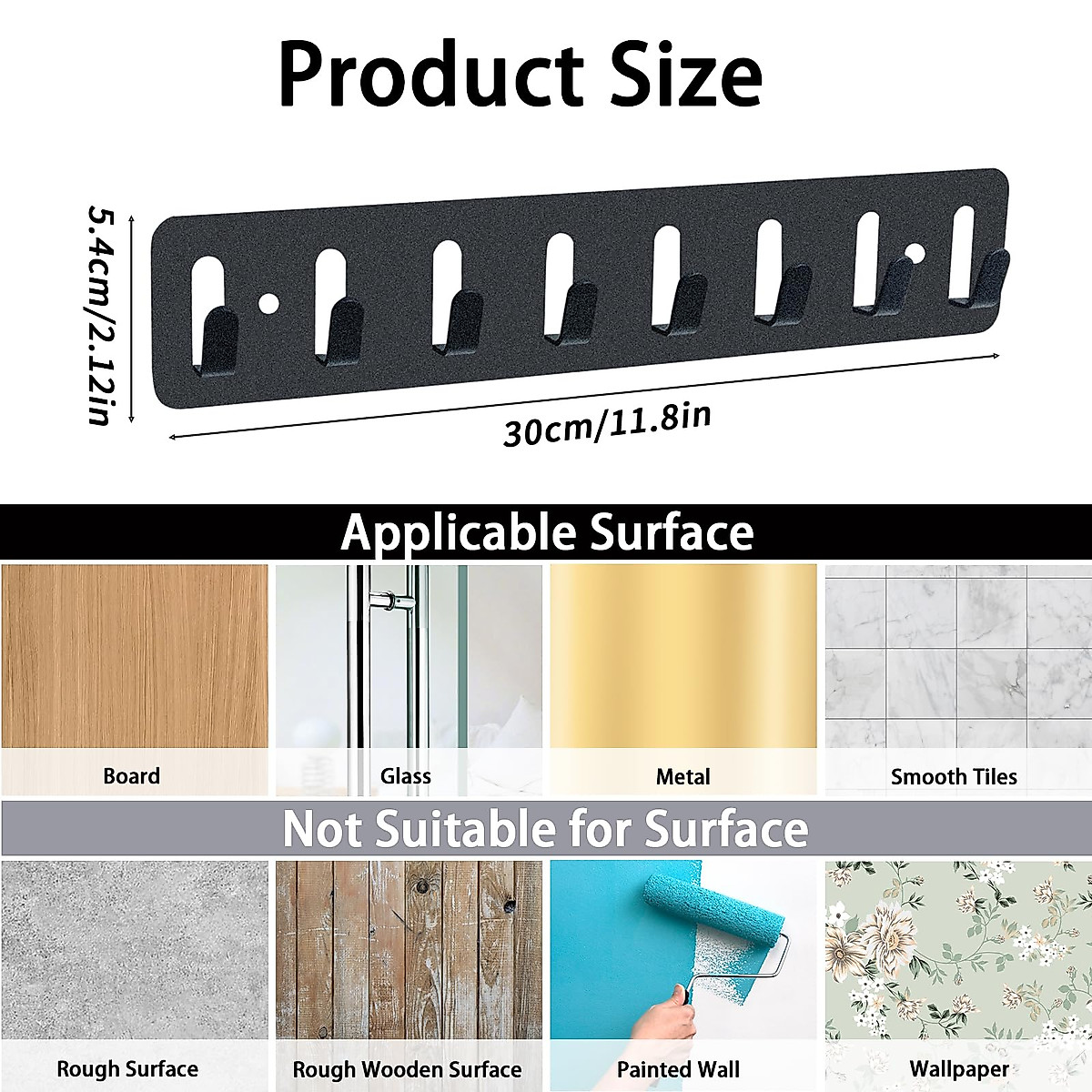 Suzurana Key Holder Wall Mount with 8 Hooks, Key Hooks for Wall with Screws and Anchors, Key Hanger Adhesive Key Rack Organizer for Entryway Front Door, Hallway, Bathroom, Kitchen, Garage