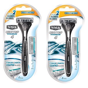 Schick Quattro Razor & Cartridges, Titanium Coated Blades, 1 Razor, 2 Cartridges (Pack of 2)
