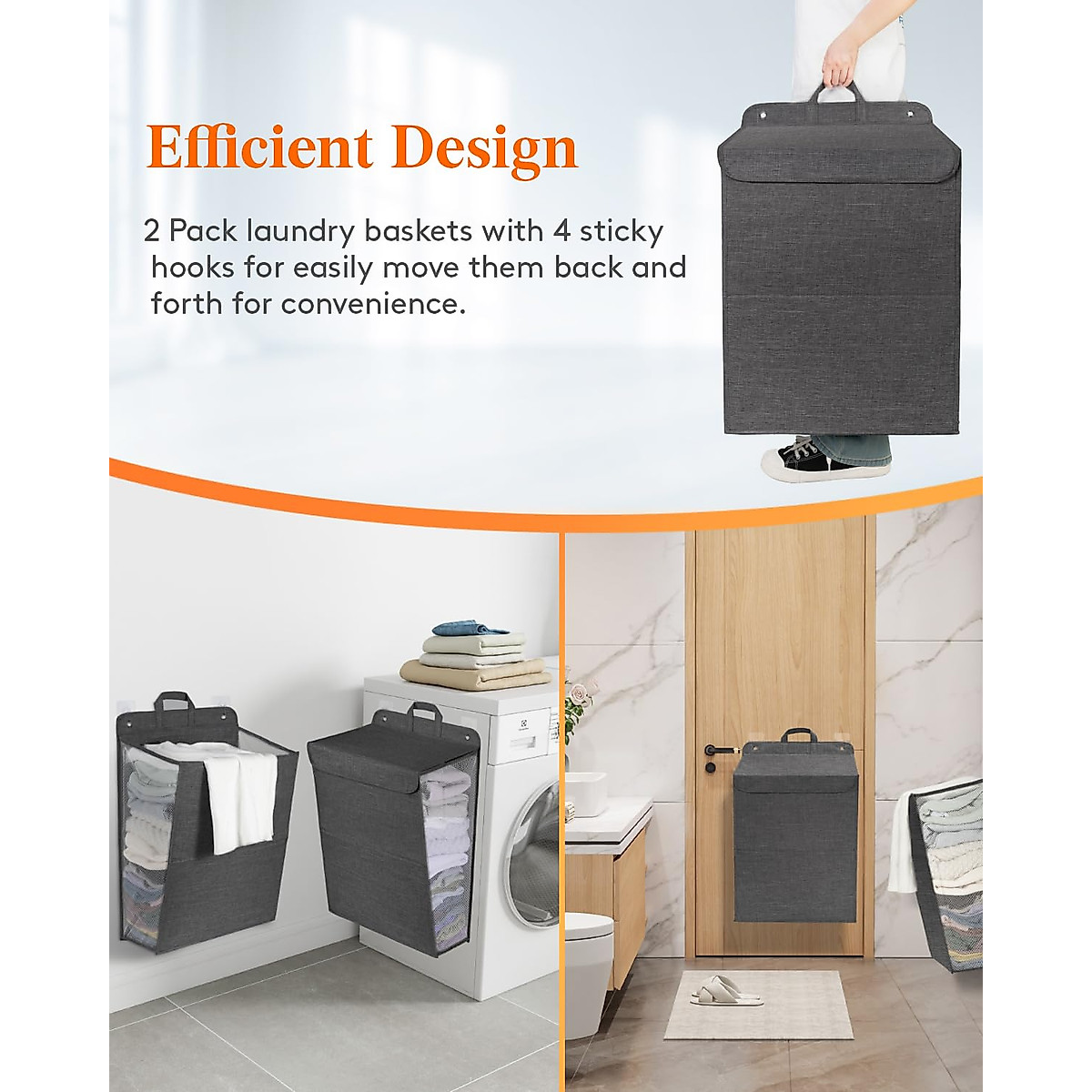 Lifewit 50L Hanging Laundry Hamper, 2 Pack Collapsible Large Opening Portable Laundry Basket with Lid and Handle, Wall Mounted Mesh Dirty Clothes Hamper Over the Door and Wall for Bathroom Dorm, Black