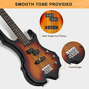 GLARRY Electric Bass Guitar 4 Strings Buring Fire Style Full Size for Beginner Right Hand with Bag, Strap and Accessories (Sunset)
