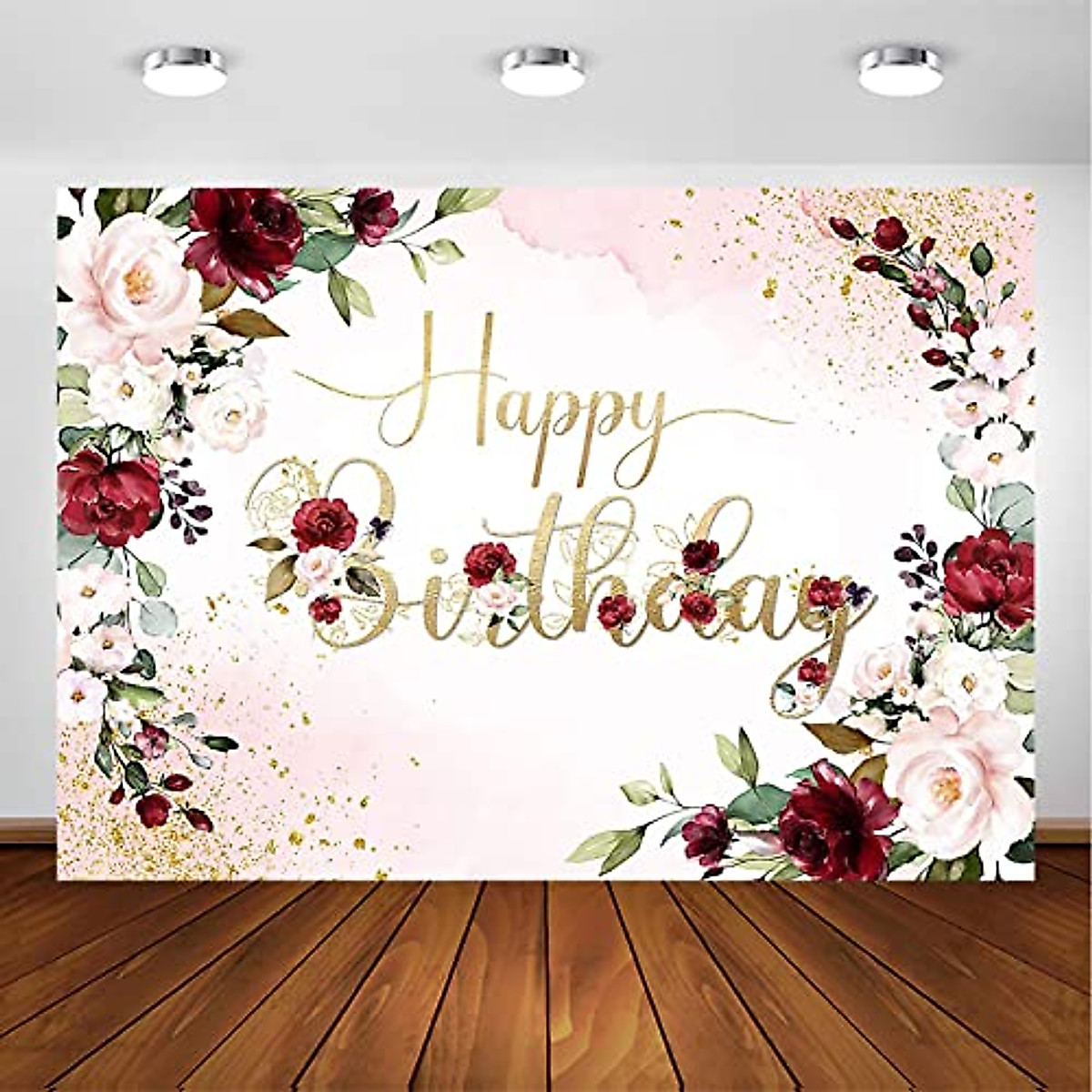 Avezano Happy Birthday Backdrop for Women Burgundy White and Red Rose Gold Glitter Bokeh Spots Photo Background Vinyl Birthday Party Decorations Banner Supplies (7x5ft)
