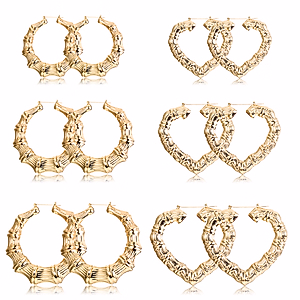 Fansilver 6Pairs Bamboo Earrings Set Hollow Casting Hip-Hop Large Bamboo Earring For Women Oversize Different Shape Gold Hoop Earrings Set Fashion Rapper Accessories Jewelry