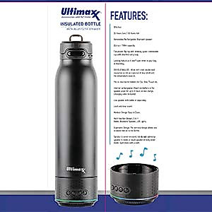 Vacuum Insulated Premium Water Bottle with Rechargeable Bluetooth Speaker - Steel Double Wall Design + Lights, Convenient drinking spout, Lid Lock, and Carry Handle (700ml/23.6 oz) (Black)