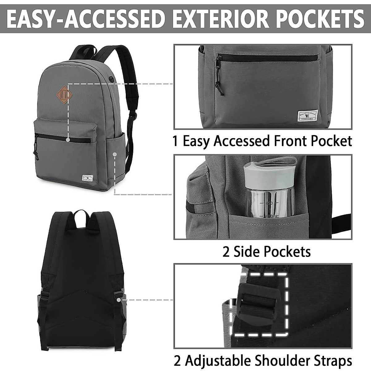 VX VONXURY Lightweight School Backpack for Teen Boys and Girls,Water Resistant Bookbag for Travel Work(Grey)