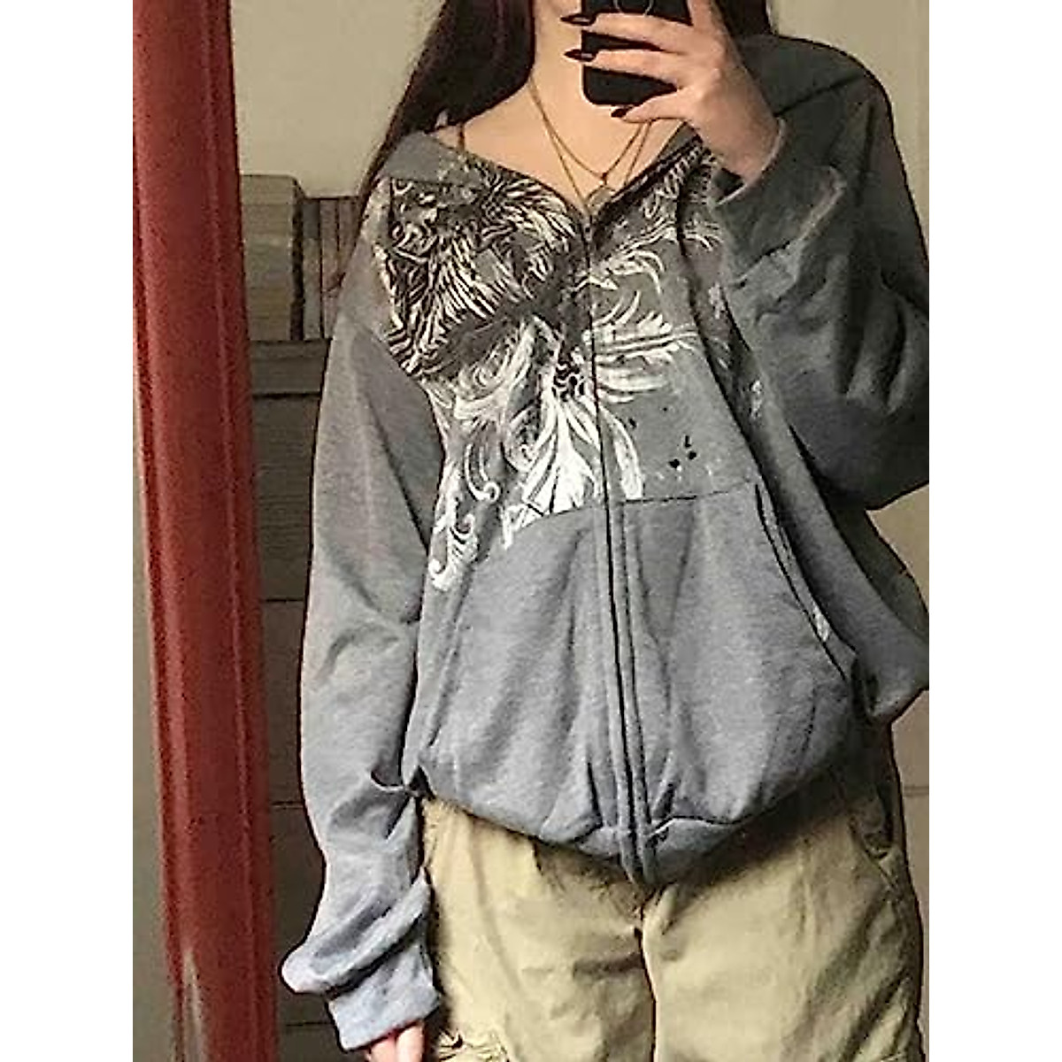 Winioder Women Y2K Zip Up Hoodie Vintage Graphic Oversized Hoodies Grunge Aesthetic Sweatshirt Jacket Skeleton Gothic Hoodie (B-Grey,X-Large)