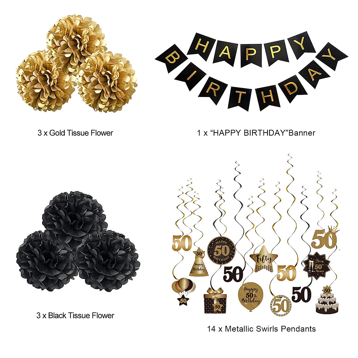 BRT Bearingshui Happy 50th Birthday Hanging Swirls Streamers Decoration Set, Happy Birthday Banner with Tissue Pompoms, Black and Gold 50 Years Old Birthday Party Hanging Backdrop Decorations
