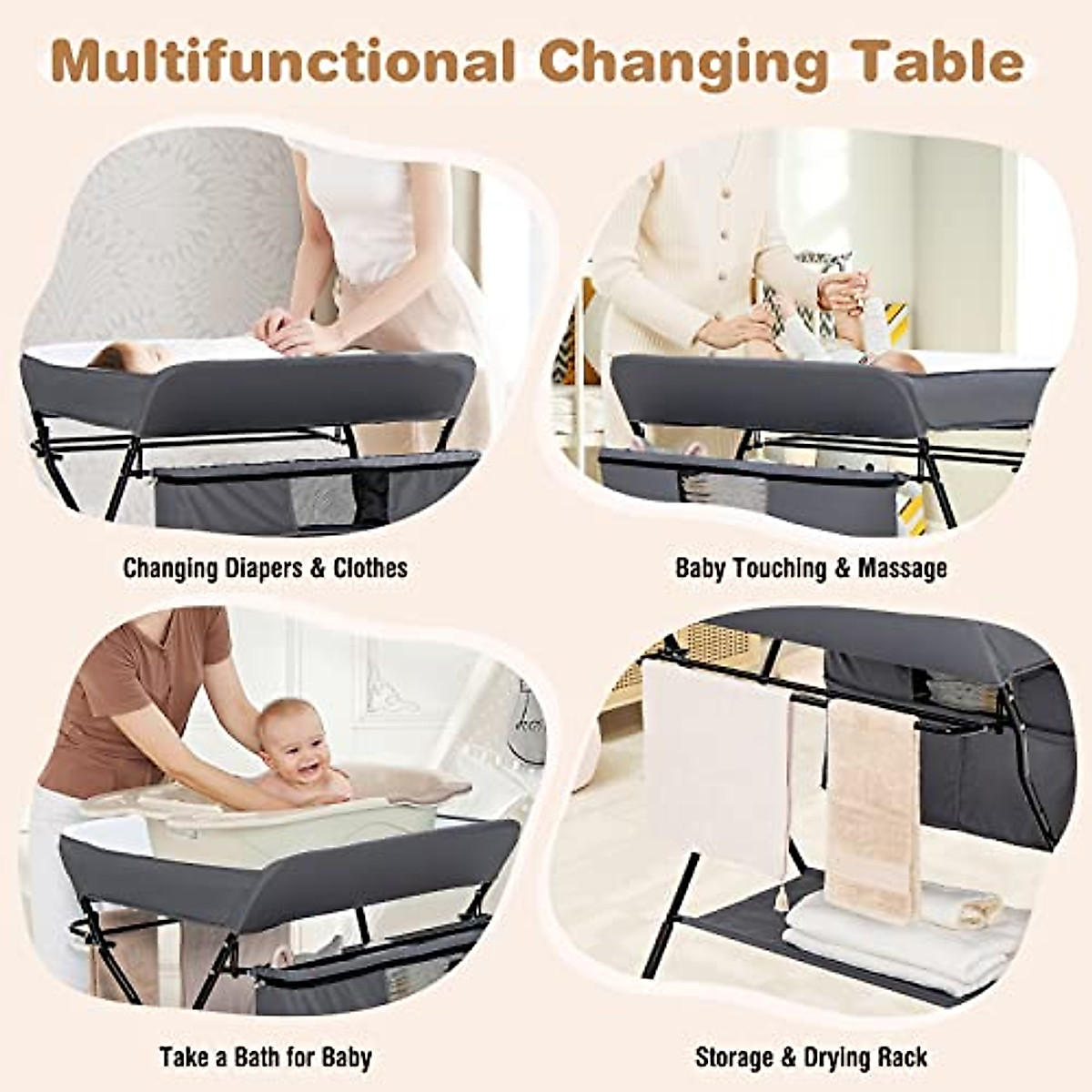 HONEY JOY Changing Table, Folding Mobile Nursery Organizer w/Wheels, Adjustable Height, Storage Bag & Open Shelf, Portable Diaper Changing Station for Newborn (Gray, 31.5"x26"x40")