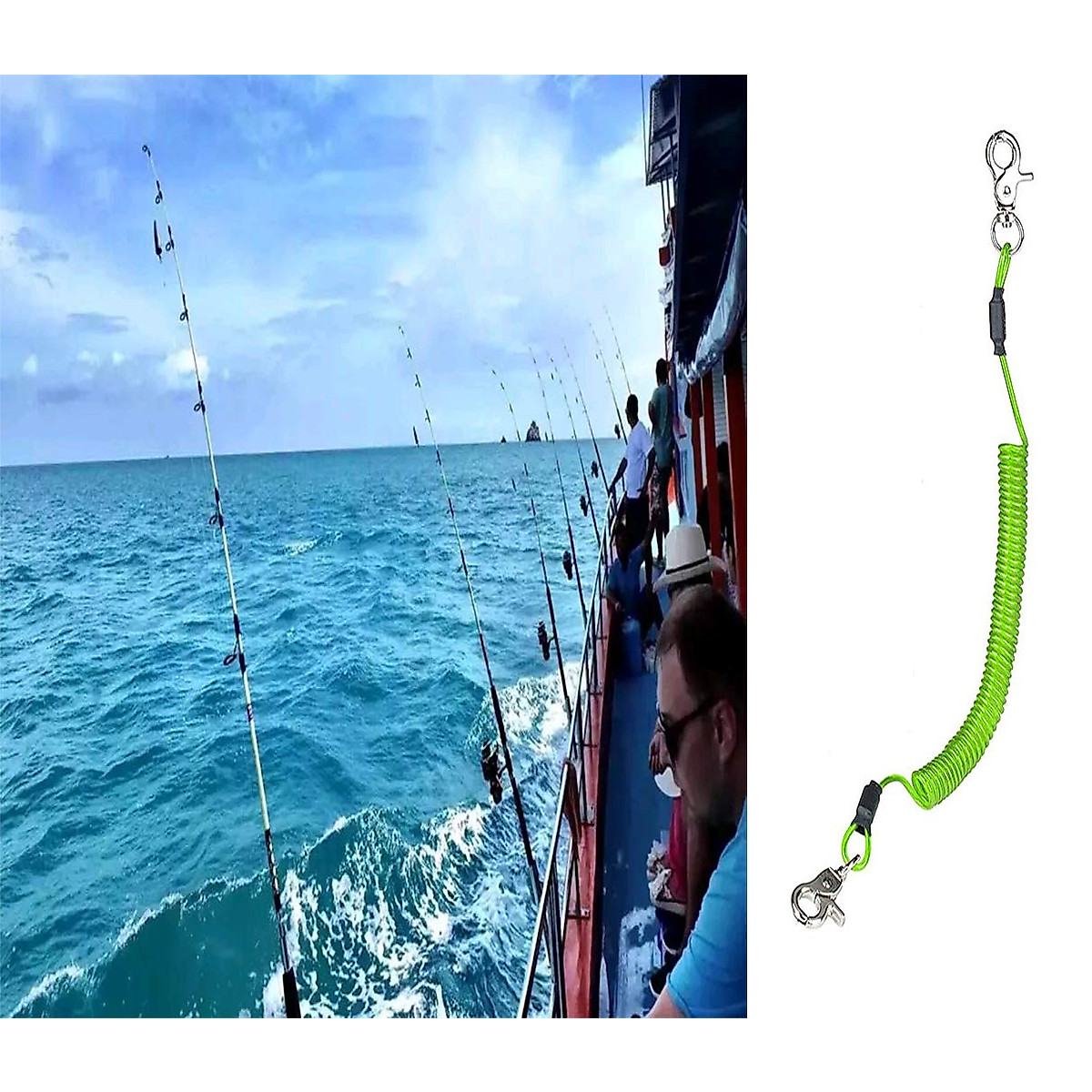 Fishing Coiled Lanyard, Heavy Duty Fishing Lanyard, Retractable Tool Lanyard, Fishing Tools Safety Rope Extension Cord Tether, with Carabiner, for Deep Sea Fishing, Rods, Kayak, Paddles - 2-Pcs