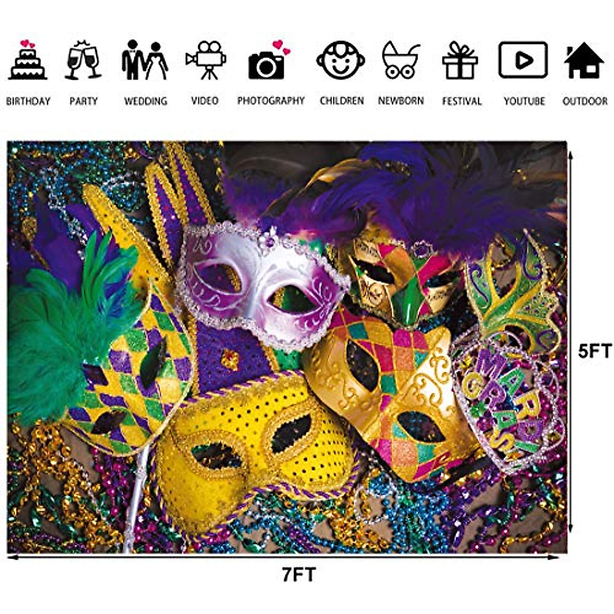 LTLYH 7X5ft Venetian Mardi Gras Backdrop Carnival Masquerade Photography Backgrounds Mask Colorful Backdrop Party Decoration Banner Studio Props 128…
