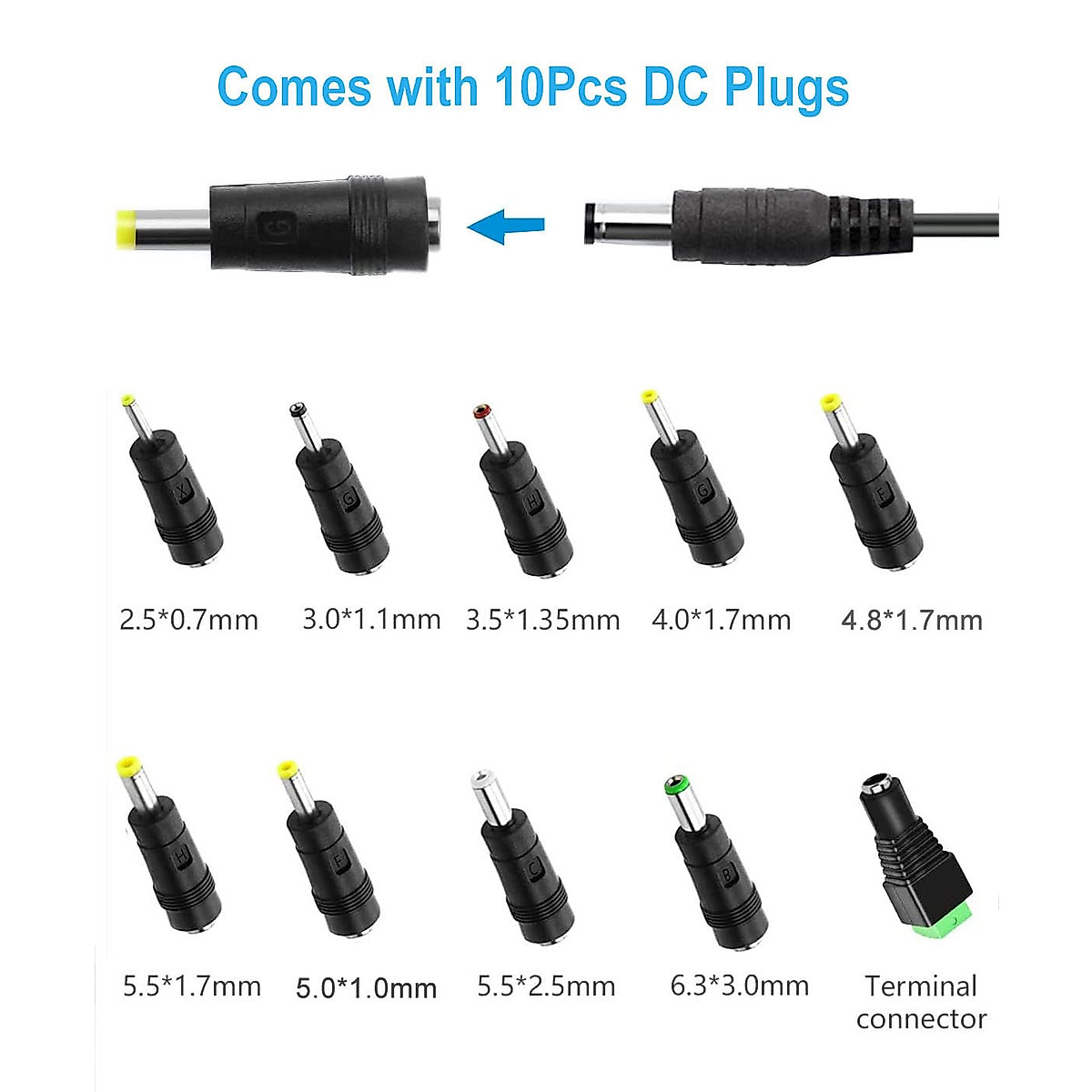 DC 12V 2A Power Supply AC DC Power Adapter with 10 Tips, DC in 12V 2A Power Cord,AC 100-240v, 50/60HZ, 5.5x2.5mm DC Output Jack,12V2a Adapter Converter Transformer