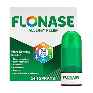 Flonase Allergy Relief Nasal Spray, 24 Hour Non Drowsy Allergy Medicine, Metered Nasal Spray - 144 Sprays- Fall and Seasonal Allergy Relief