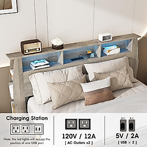 Fameill Full Size Wood Bed Frame with Bookcase Headboard, 2-Tier Storage Headboard with Charging Station & LED Light, Side Storage Layer, No Box Spring Needed, Noise Free, Gray