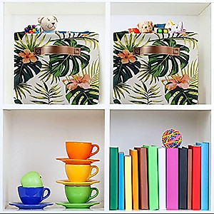 panksolu Tropical Palm Leaf Floral Storage Basket Collapsible Cloth Storage Cube Basket Bins Organizer with Handles Rectangular Large Toys Shelf Closet for Nursery Bedroom Home Office