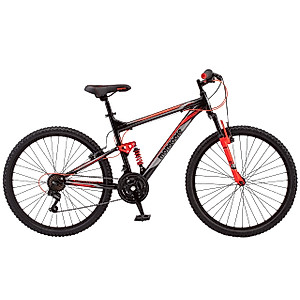 Mongoose Status 2.2 Mountain Bike for Men and Women, 26-Inch Wheels, 21-Speed Shifters, Aluminum Frame, Front Suspension, Black/Red