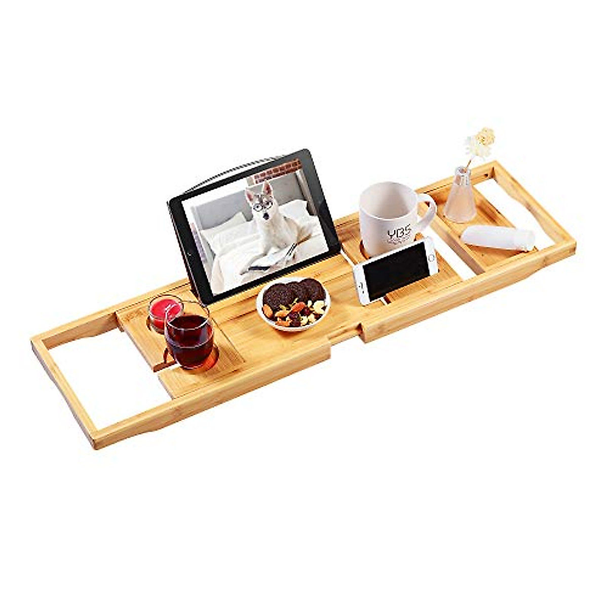 VaeFae Bamboo Bathtub Caddy Tray, Expandable Bath Tray for Tub with Upgraded Wine Slots and Book Holder - Ideal for One or Two Person Use