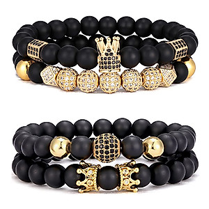 SONNYX 4Pcs 8mm Crown King Charm Beads Bracelet for Men Women Natural Black Matte Onyx Stone Beads Elastic Adjustable