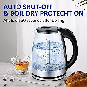 RAINBEAN Electric Kettle Water Boiler, 1.8L Electric Tea Kettle, Wide Opening Hot Water Boiler with LED Light, Auto Shut-Off & Boil Dry Protection, Glass Black