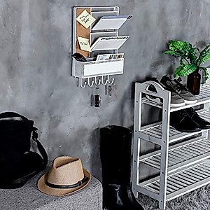 MyGift Mesh Metal Wall Mounted Organizer with Cork Board & 5 Key Hooks, White
