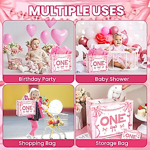 Pink Bow One Birthday Decoration for Girls Large Bow Pink One Baby Shower Bag Hot Pink Bow 1st Birthday Gift Bags with Wrapping Paper Card for Kids Gender Reveal Christmas Birthday Party Supplies