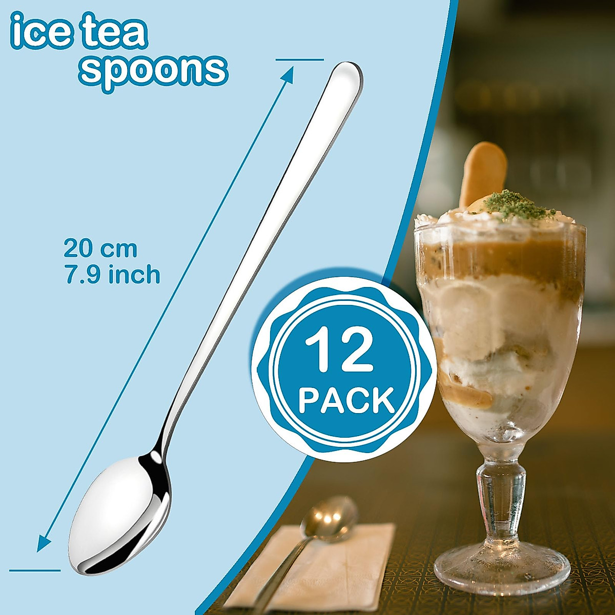 Pleafind 12-PCS Long Spoon (7.9 inch), Long Handle Iced Tea Spoons, Coffee Spoon, Ice Cream Spoon, Stainless Steel Stirring Spoon, Long Spoons for Shakes Cocktail Stirring Coffee Cold Drink