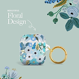 Rifle Paper Co. Airpods 2nd / 1st Generation Case Cover with Keychain Ring [Wireless Charging] [Front LED Visible] Cute Apple Airpods Case 2 and 1 with Floral Design, Anti Scratch - Garden Party Blue