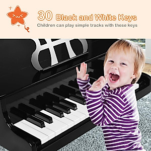 Costzon Classical Kids Piano, 30 Keys Wood Toy Grand Piano with Music Stand and Bench, Mini Musical Toy for Child, Ideal for Children's Room, Toy Room, Best Gifts (Straight Leg, Black)