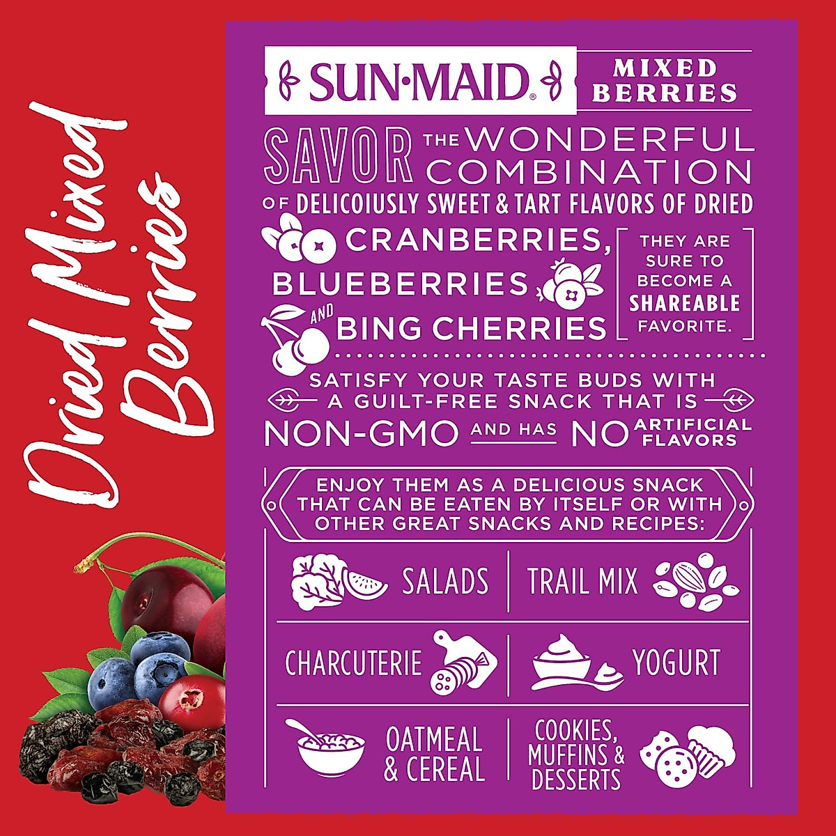 Sun-Maid Dried Mixed Berries - 15 oz Resealable Bag - Cranberries, Cherries, and Blueberries - Dried Fruit Snack for Lunches, Snacks, and Natural Sweeteners