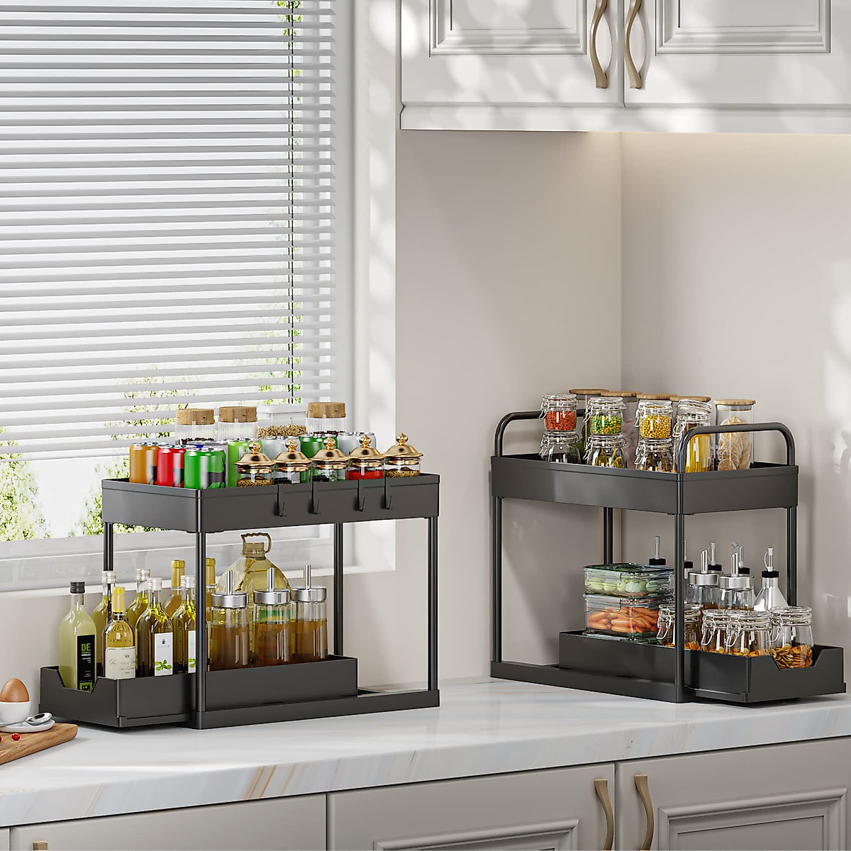 EWQKPEL 2 Tier Under Sink Organizers and Storage, Sliding Drawer Bathroom Kitchen Sink Organizer with 4 Hooks 2 Handles, Multi-purpose Under Cabinet Shelf, Bath Collection Basket