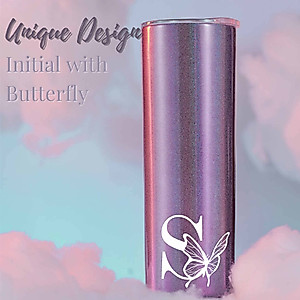 Purple Butterfly Gifts with Initial for Butterfly Lovers, Initial 20oz Stainless Steel Wine Tumbler with Butterfly Alphabet Design, Perfect for Women & Girls, Birthday, Christmas, Mother's Day - S