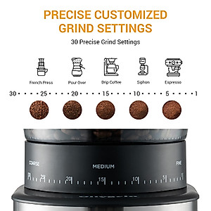 Ollygrin Coffee Grinder Electric Burr Mill, Conical Burr Espresso Coffee Grinder, Coffee Bean Grinder With 30 Adjustable Settings Precise Setting For 2-12 Cups Stainless Steel Silver