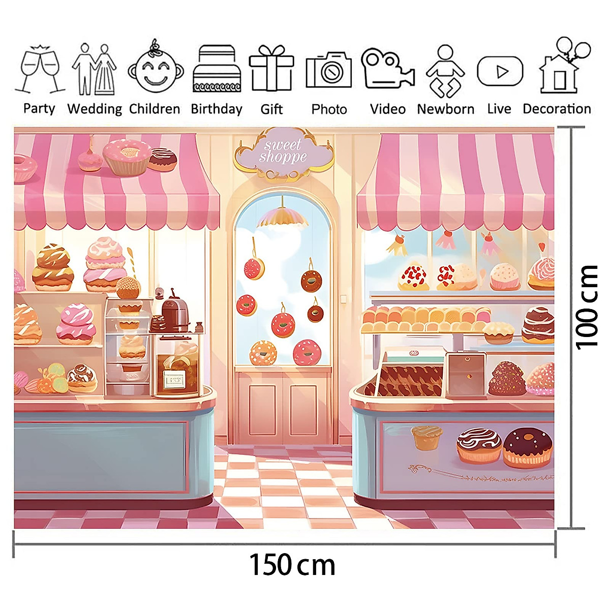 MAQTT Sweet Shop Backdrop Candy Princess Dessert Banner Shop Girl's Birthday Photography Background Children's Party Banner Baby Shower Donut Ice Cream Table Decoration 5x3ft