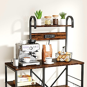 JAMFLY Bakers Rack with Power Outlet, Microwave Stand, kitchen Storage Shelf with 6 Hooks, Coffee Bar Station with Wire Basket, 6 Tier Kitchen Rack for Living Room, Spice, Pots and Pans Organizer