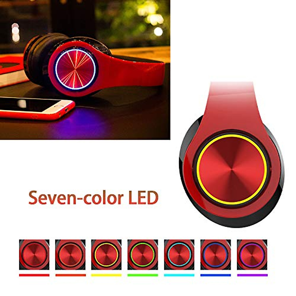 LFGKeng Wireless Bluetooth Headphones with Colorful LED Lights, Built-in Mic, Bluetooth 5.0, Foldable HiFi Stereo Deep Bass Headphones for Classroom/Home Office/PC/Mobile Phone/Kids Adult(Red Black)