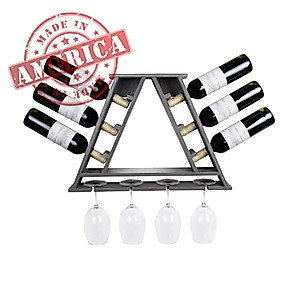 Charmont Wooden Rustic Wine Rack - Floating Triangle Wall Mounted Wine & Glass Holder - Perfect Wall Home Decor Bar, Kitchen Storage, Dining Room, Wedding Gift (Grey Holds 6 Bottles & 4 Stemware Cups)