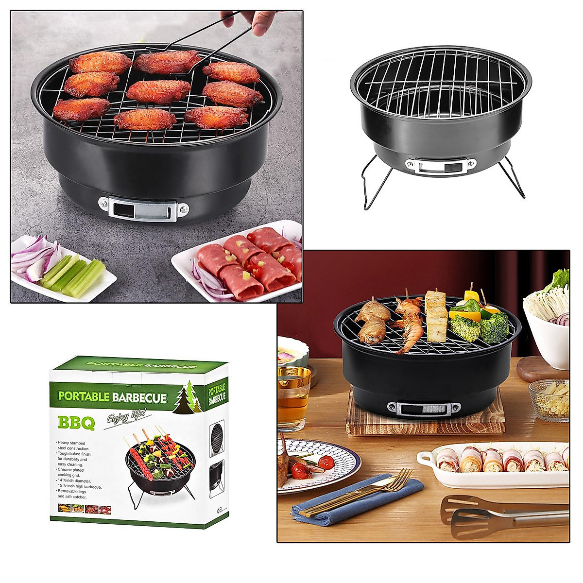 10" Portable Round Barbecue BBQ Charcoal Grill with Handle for Outdoor Home Kitchen BBQ Picnic Camping