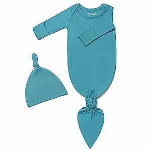 Baby Knotted Gown, Super Soft Newborn Infant Long Sleeve Sleeper for Baby Girl and Boy Sleepwear with Hat Set (Blue Green, 0-3 Months)