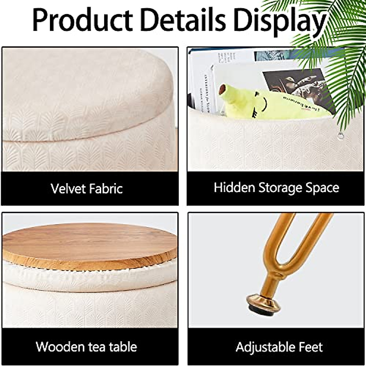 Cpintltr Footrest Footstools Round Velvet Ottoman with Storage Space Soft Vanity Chair with Memory Foam Seat Small Side Table Hallway Step Stool 4 Gold Metal Legs with Adjustable Footings Champagne