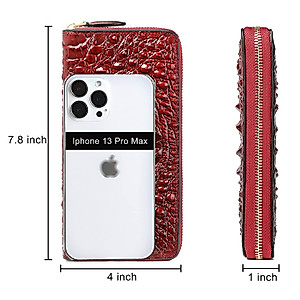 Women Leather Wallet RFID Designer crocodile Large Capacity Credit Cards Holder Organizer Phone Clutch (Wine)