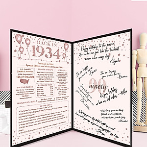 Crenics 90th Birthday Gift for Women, Creative Back in 1934 Birthday Poster, Giant 90th Birthday Guest Signature Book, Black and Pink 90 Birthday Decorations Party Supplies