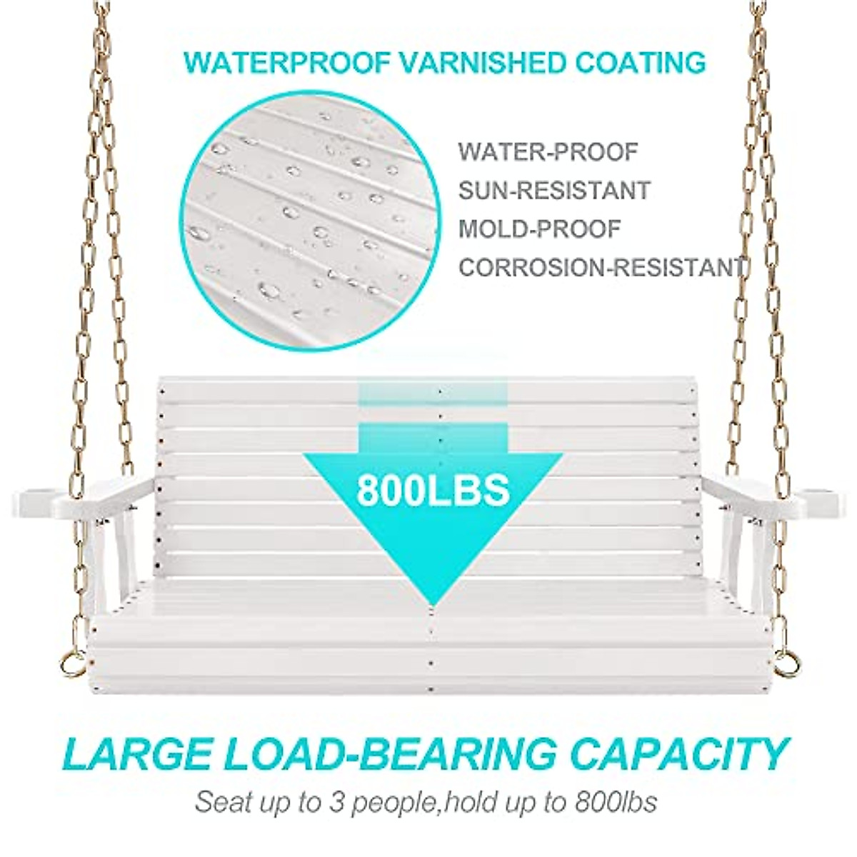 4FT Wooden Porch Swing w/Cupholders,Heavy Duty 800LBS Outdoor Swing Bench w/Chains,Patio Roll Back Swing Chair Bench,Front Porch 2-Person Hanging Bench,for Garden Courtyard Lawn & Balcony Backyard