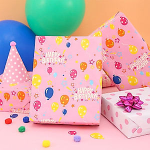 AUCLAY Reversible Birthday Wrapping Paper for Girls Kids Baby Shower - Cute Happy Birthday Lettering Balloon in Pink and Polka Dots Design - Gift Wrap Paper Roll, 17.7 Inch Wide