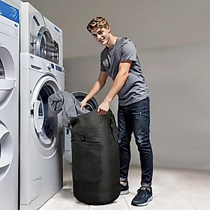 F-color Laundry Bag Backpack 75L - Large Capacity Laundry Backpack with Comfort Straps, Mesh and Zip Pocket, Sturdy Laundry Backpack for Dorm, College, Travel, Laundromat, Apartment, Black