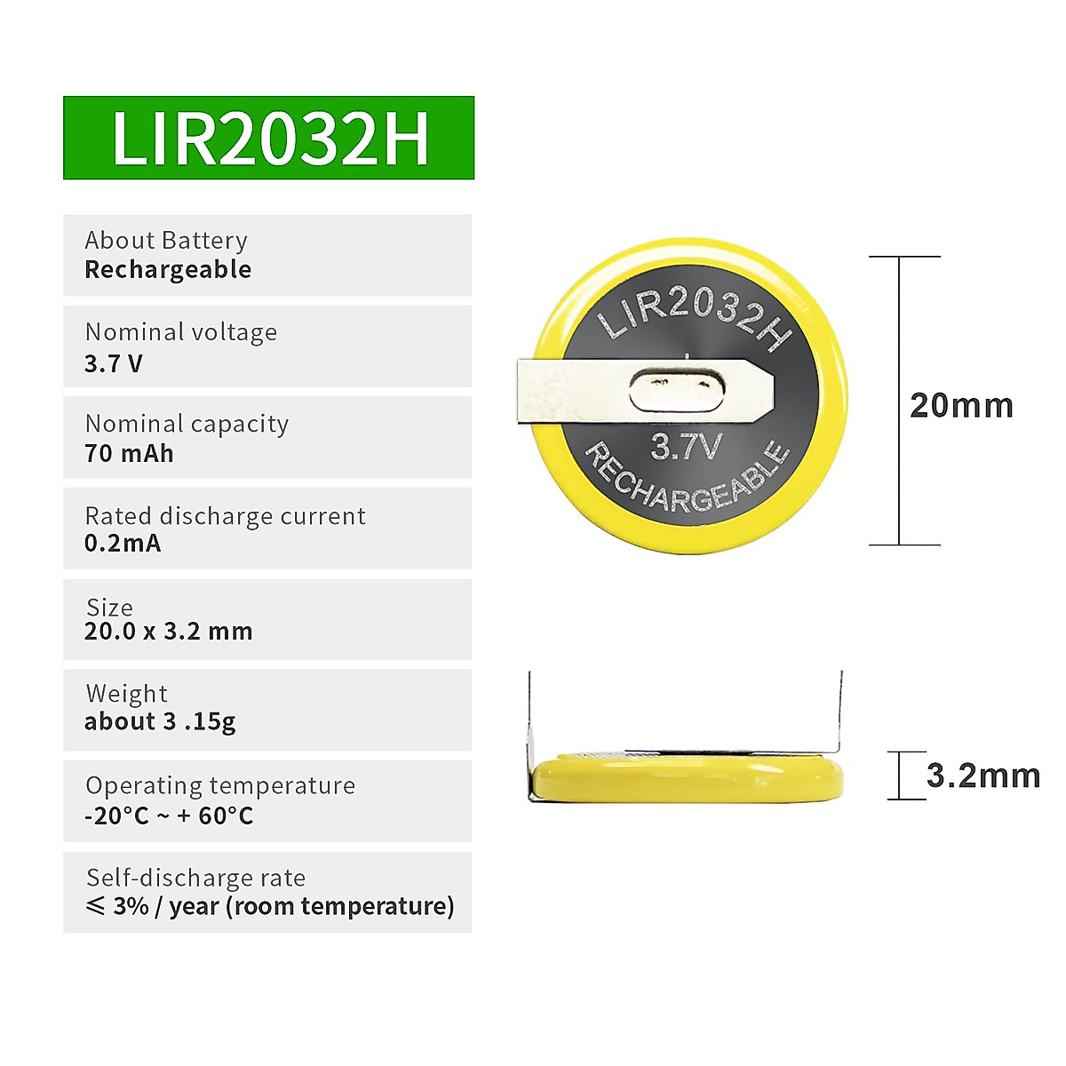 EEMB 5PCS LIR2032H Rechargeable Battery 70mah 3.7V Lithium-ion Coin Button Cell Batteries with Solder Tabs
