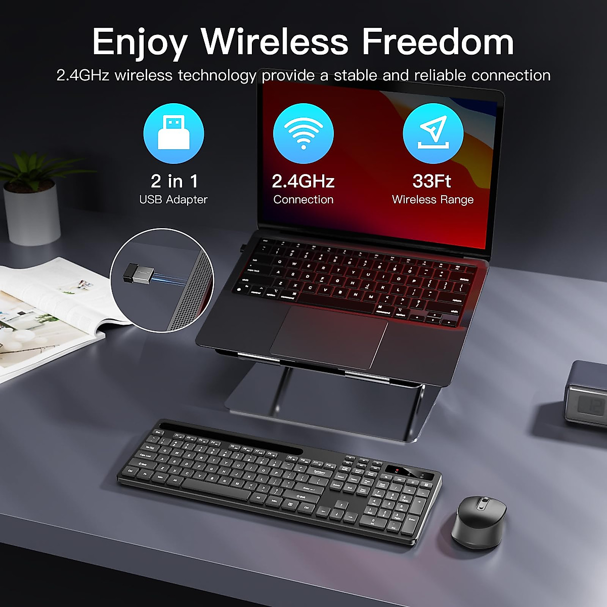 Wireless Keyboard and Mouse Combo, Soueto 2.4G Full-Sized Computer Keyboard with Phone Tablet Holder, 22 Multimedia Shortcuts, Numeric Keypad, 6 Button Silent Mouse for Windows, Mac (Space Black)