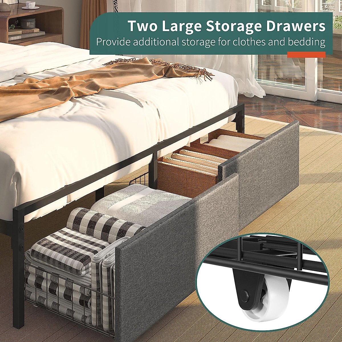 Yoobure Queen Size Bed Frame, Metal Platform Bed Frame Queen Size with Headboard, Noise Free Bed Frames with Storage Drawers, Bedframe with Charging Station LED Light, Heavy Duty, No Box Spring Needed